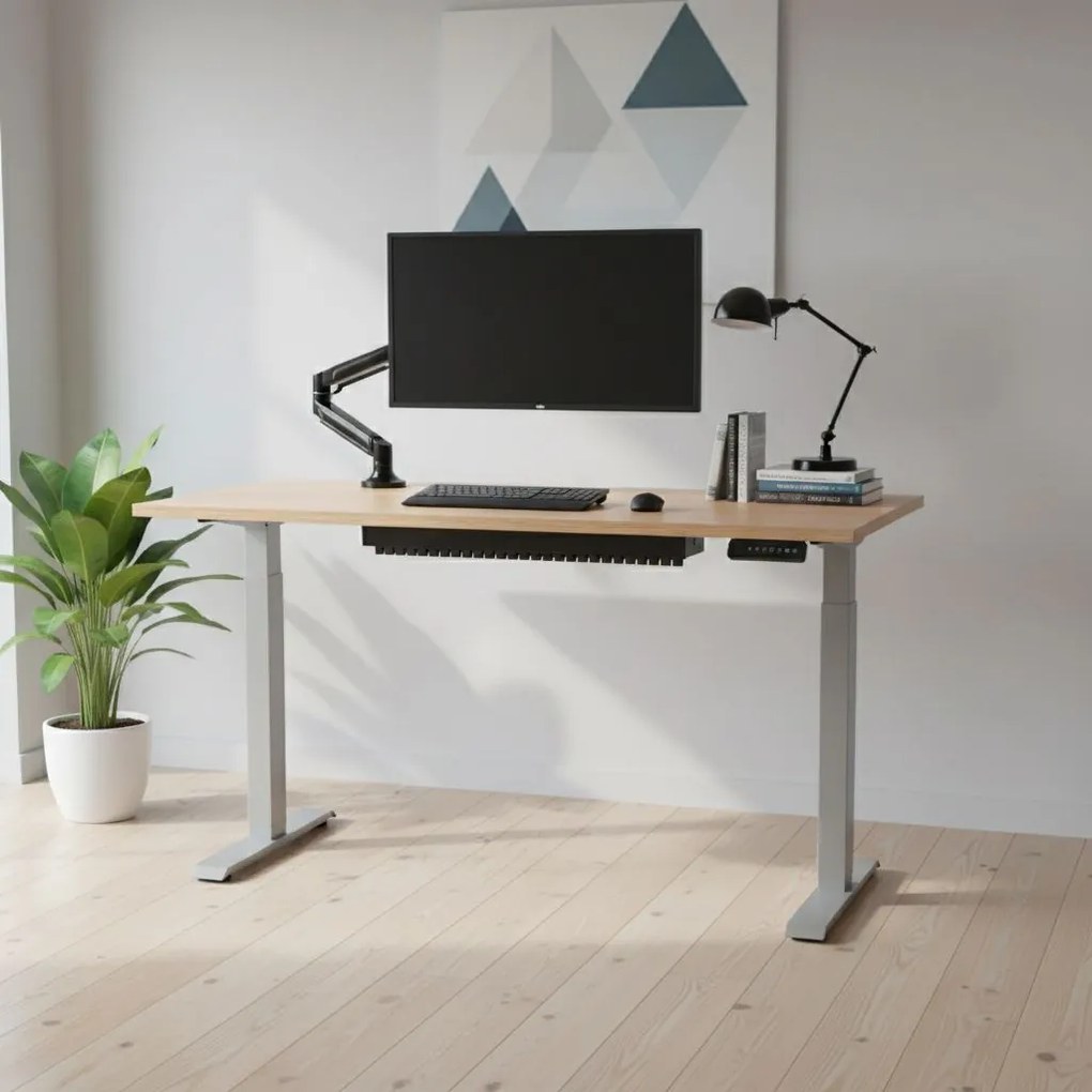 Výškově nastavitelný stůl OfficeTech B, 140 x 80 cm, šedá podnož, dub kraft