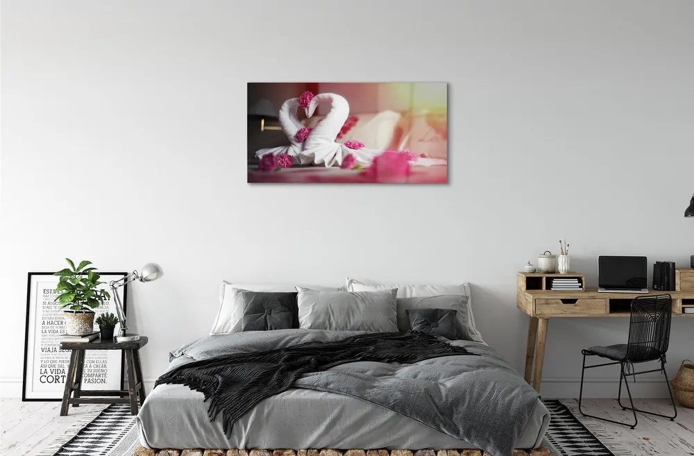 Obraz na skle Ručníky labutě květiny 100x50 cm