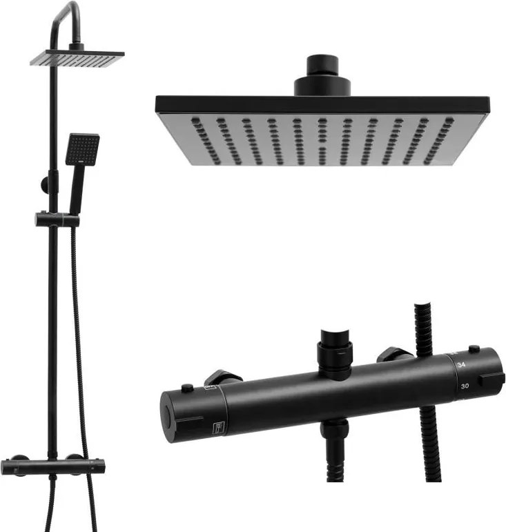 Erga Flova, sprchová souprava s termostatickou baterií a dešťovou hlavicí 20x20cm, černá matná, ERG-YKA-BP.FLOVA THERM 20 BLK