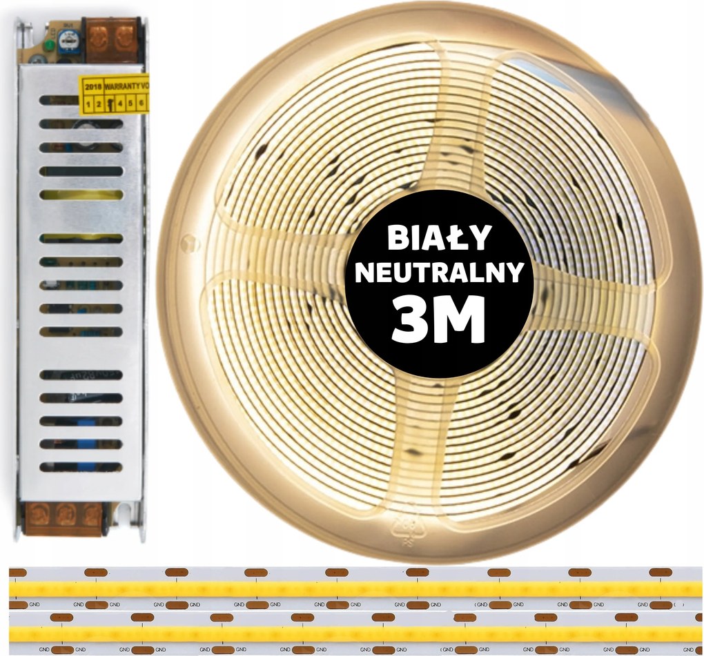 Set 3M Led pásek Cob 480 diod 4000K neutrální bílá 24V 10W napájecí zdroj
