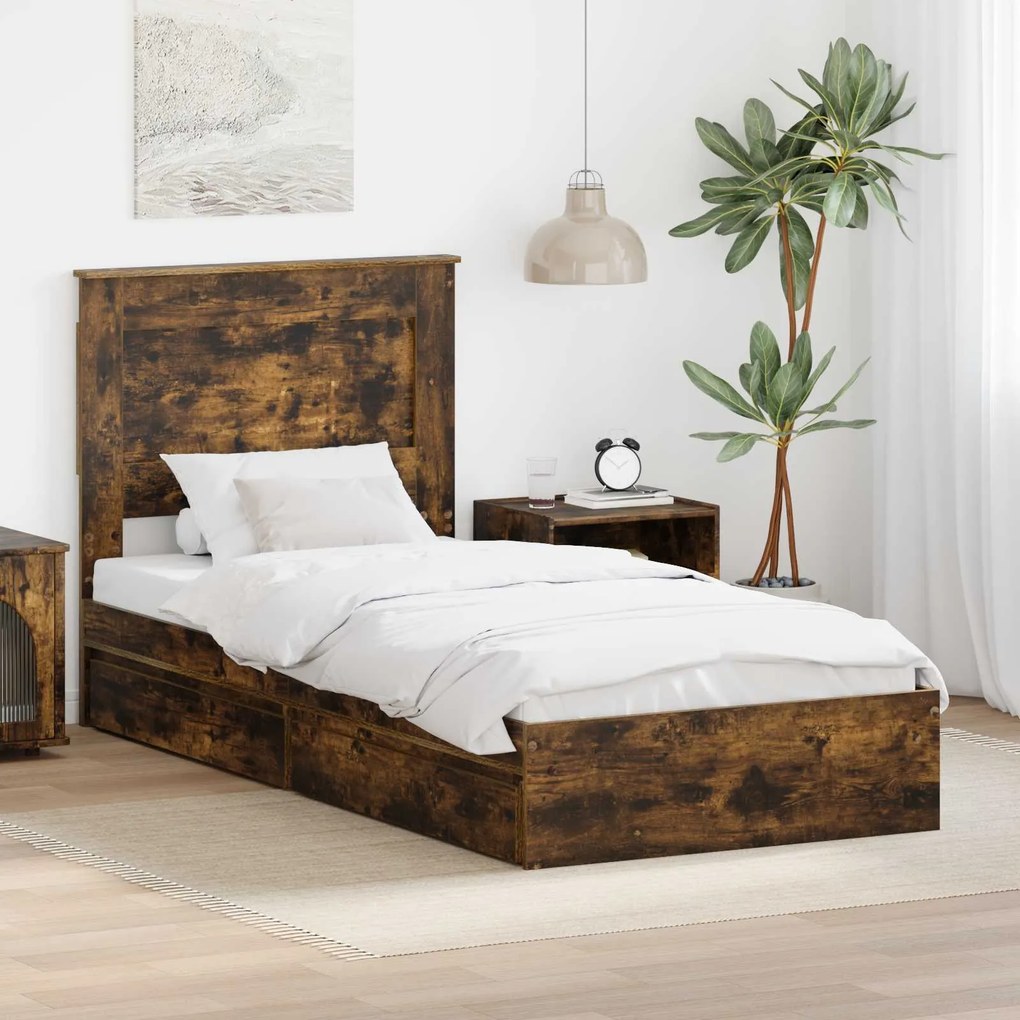 Postel s úložným prostorem se zásuvkou Kouřový dub 90 x 200 cm 3410277