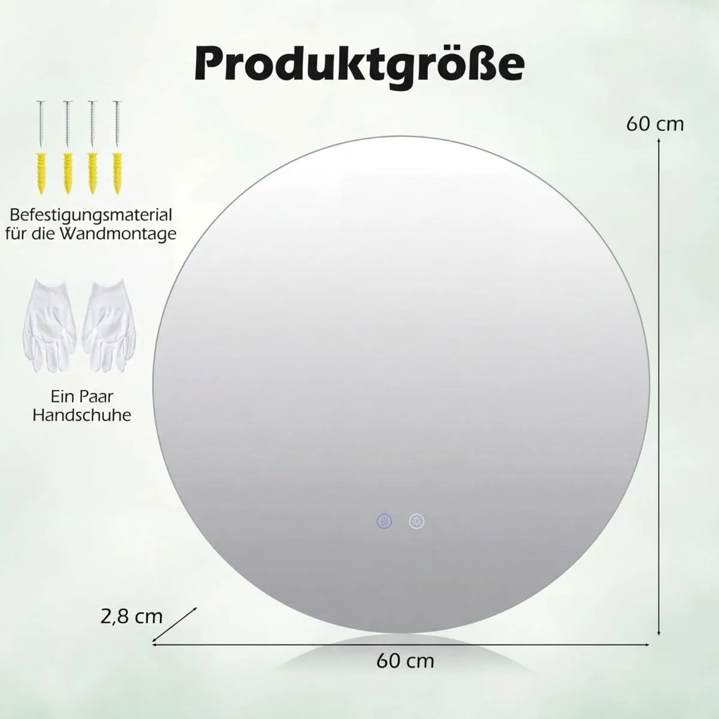 Costway Ø60 Kulaté LED osvětlené zrcadlo s nastavitelným jasem a chytrým