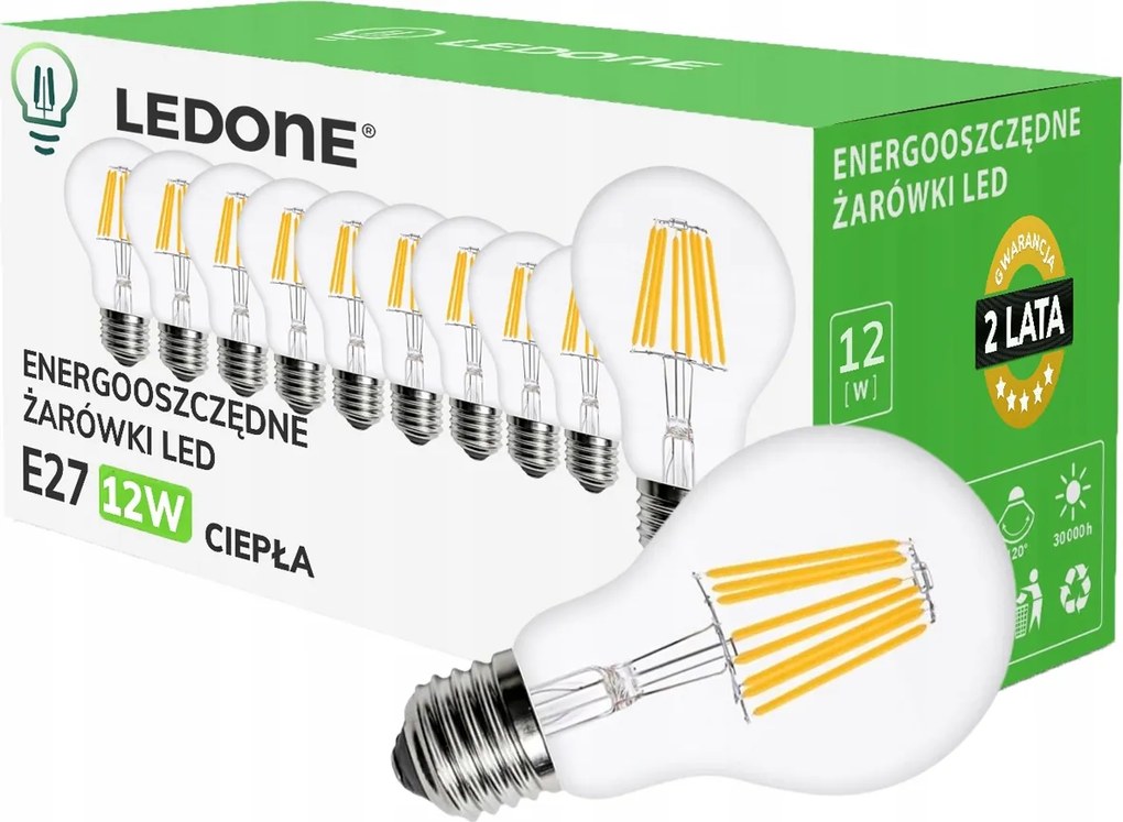 10x Led filamentová žárovka E27 A60 12W bílá Teplá retro Clear Led sada