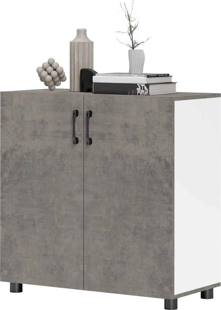 HOMCOM 2-dvéřový bufetový stůl se systémem tichého zavírání a policí pro kuchyň, ložnici nebo předsíň 80x37x80 cm šedý cement a vysoký lesk bílá | Aos