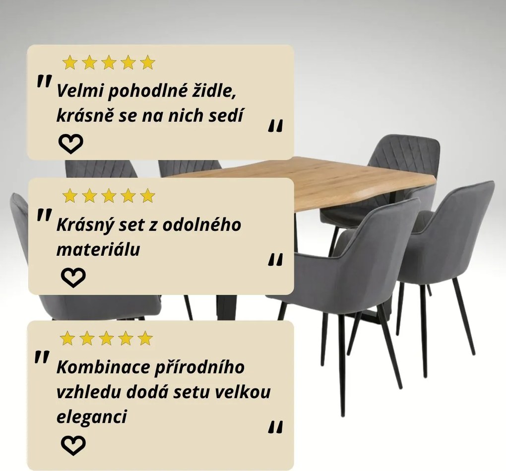 Vikio Jídelní set pro 6 osob 160x90 cm dub noha U šedá židle s područkami VJS166-6S