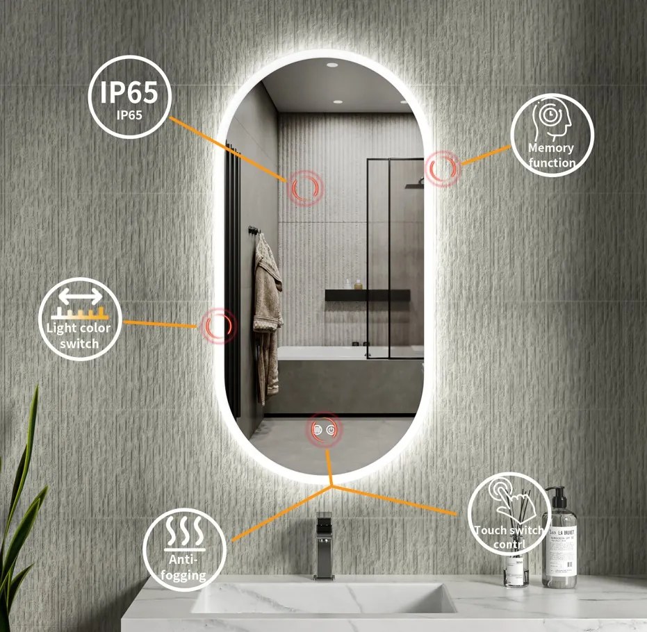 Erga Demi, oválné LED zrcadlo 50x100cm, 3 barvy světla, přední osvětlení, topná podložka proti zapaření, ERG-V01-DEMI-5010-CL