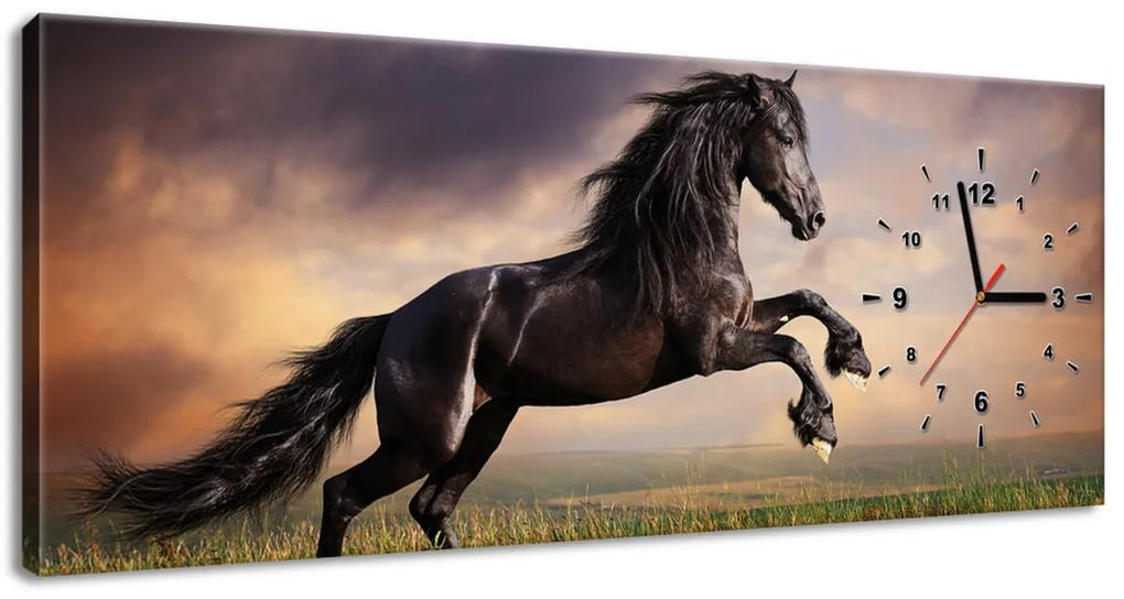 Gario Obraz s hodinami Silný černý kůň Rozměry: 100 x 40 cm