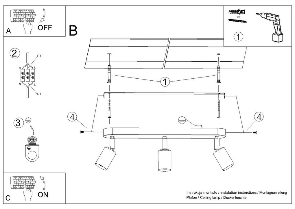 Sollux Lighting Stropní svítidlo FORNES 3 Černá