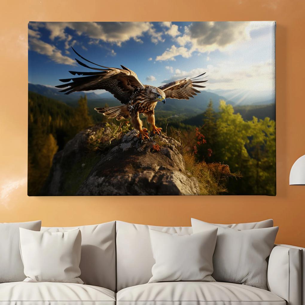 Obraz na plátně - Káně lesní přistává na skále FeelHappy.cz Velikost obrazu: 120 x 80 cm