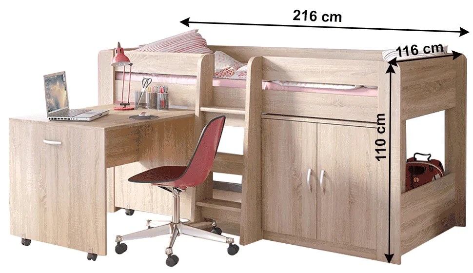 Dětská kombinovaná postel 90 cm Flann (dub sonoma) (s roštovou deskou). 1033965