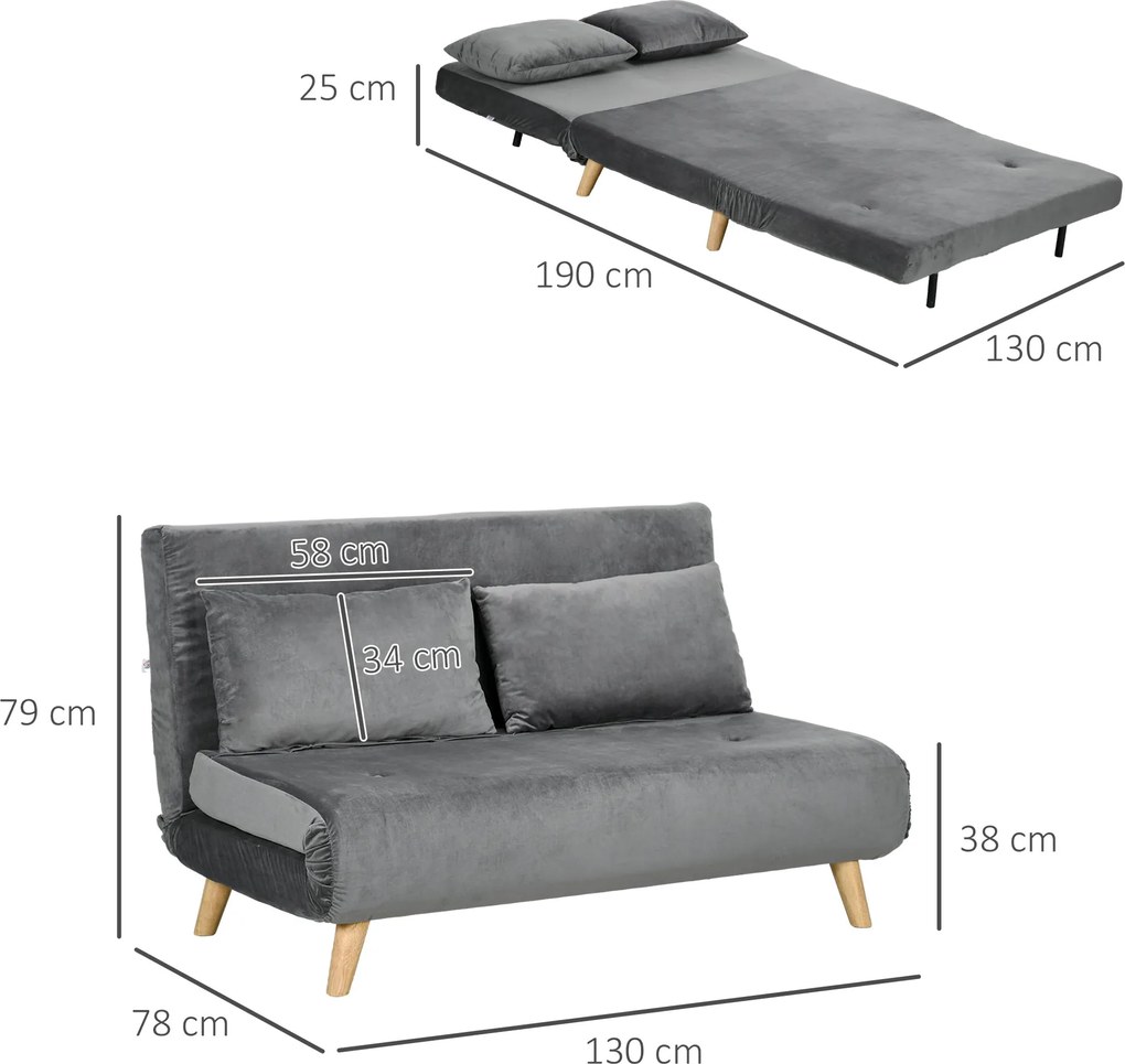 HOMCOM 2místná rozkládací pohovka s funkcí lůžka, rozkládací pohovka s nastavitelným opěradlem, šedý sametový vzhled, 130 x 78 x 79 cm do obývacího p…