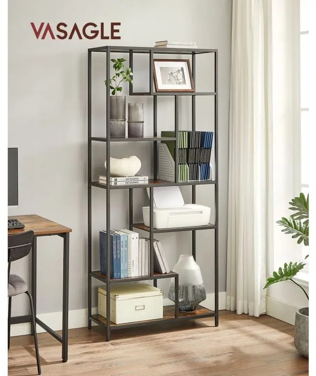 Industriální rustikální knihovna 180 cm, 6 polic