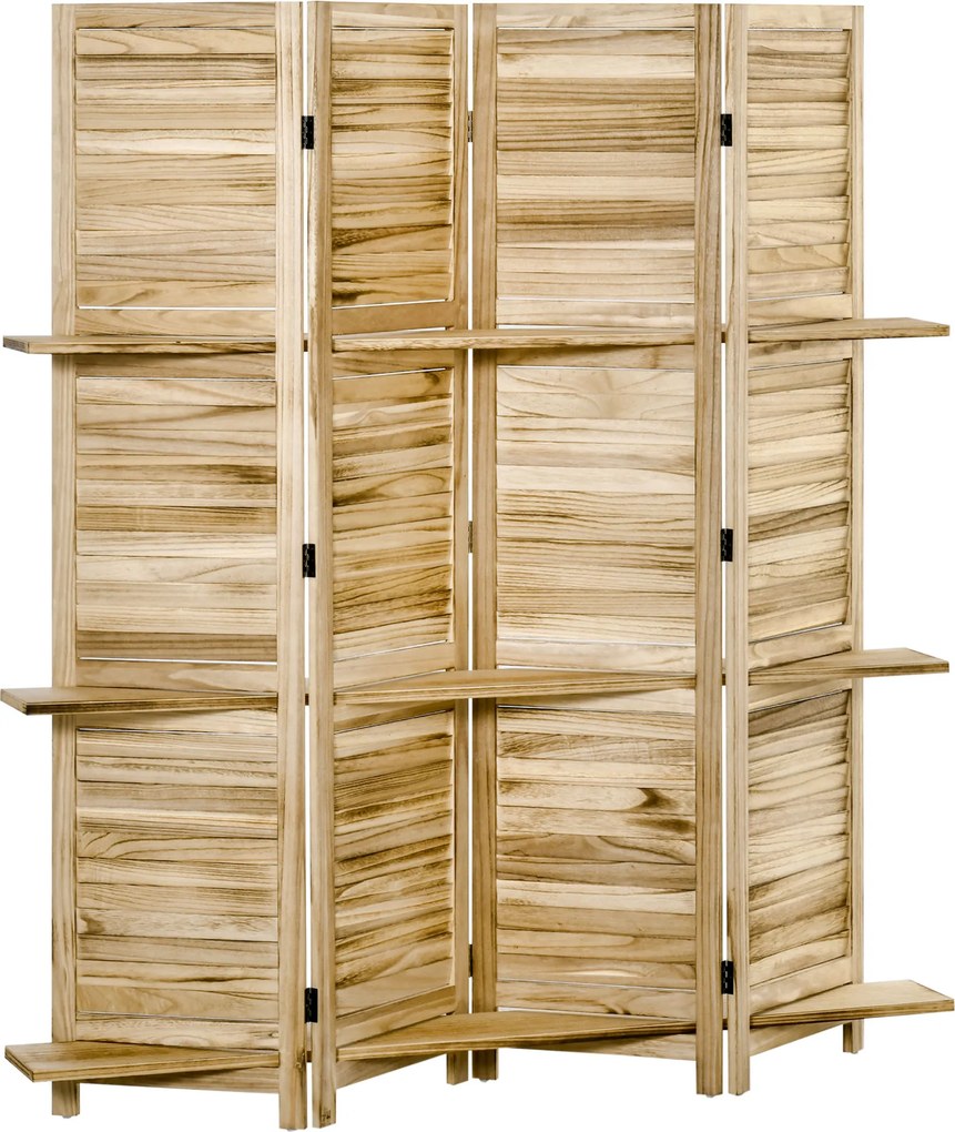 HOMCOM Předěl do interiéru, 4 panely, 162Š x 170V cm, 3 police, skládací dělící stěna, lamelové dveře z přirozeného paulovnie