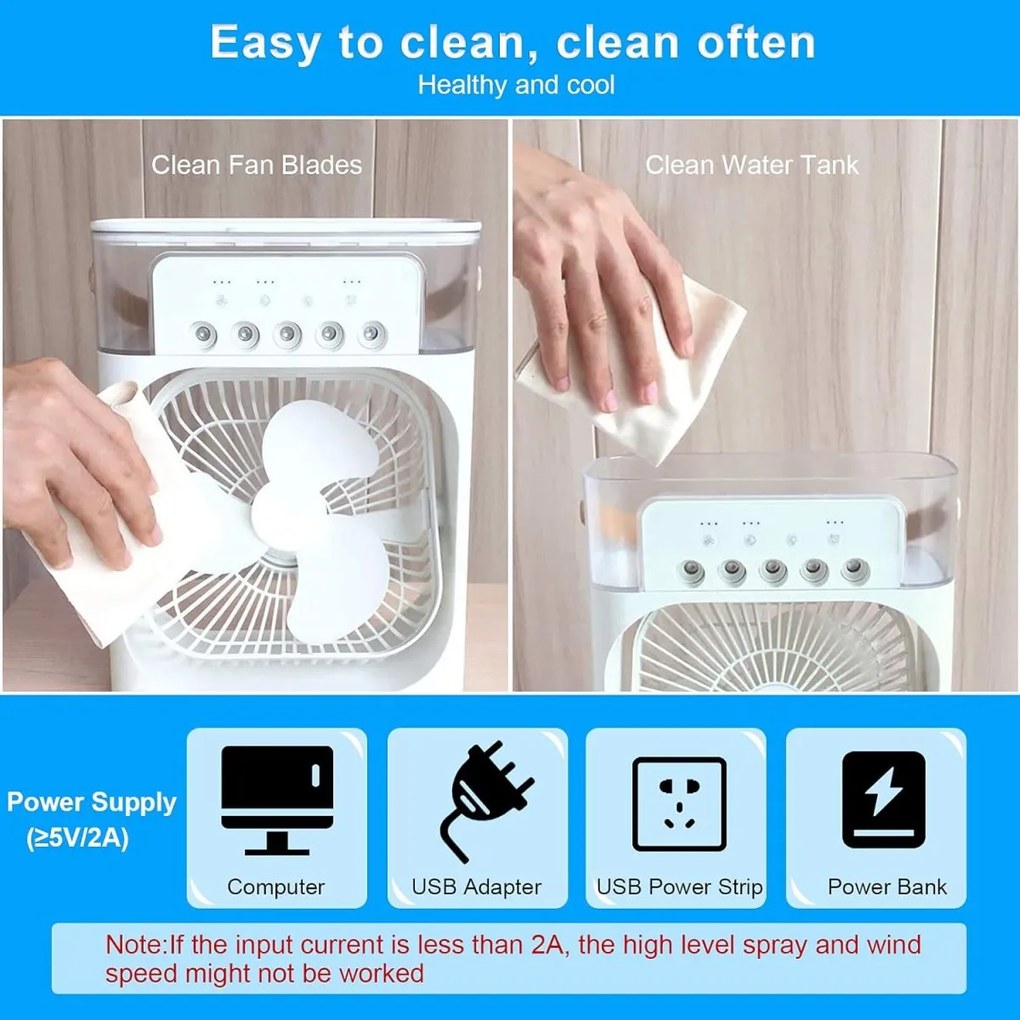 Domácí přenosný ventilátor 3 v 1 se zvlhčovačem vzduchu