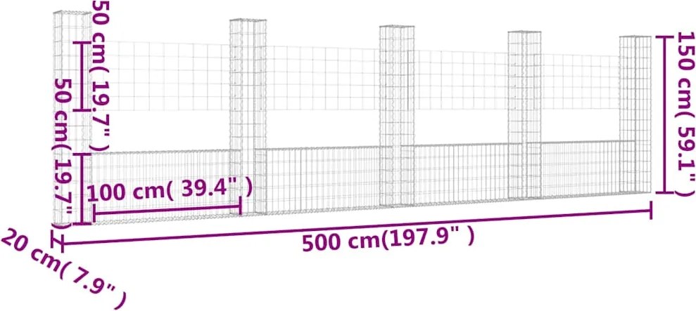 Gabionový koš ve tvaru U s 5 sloupky železo 500 x 20 x 150 cm 151285