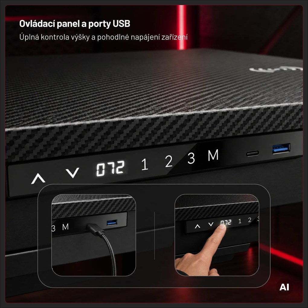 Herní stůl elektricky nastavitelný, vestavěná bezdrátová nabíječka QI a USB: Diablo X-RIFT černý