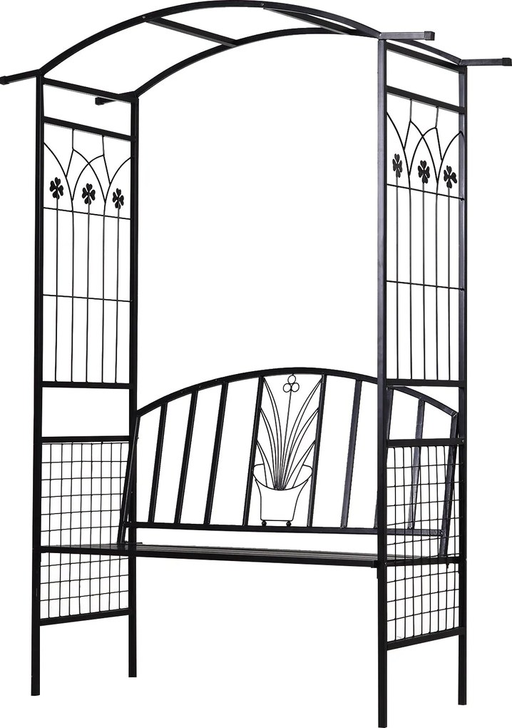 Zahradní oblouk Outsunny s lavičkou, kovový treláž na popínavé rostliny, černý, 154 x 60 x 205 cm | Aosom