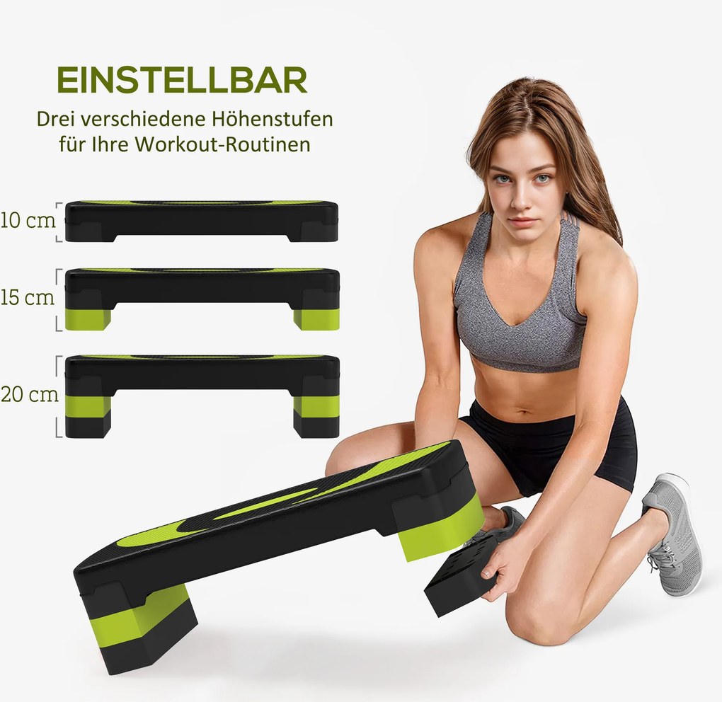 HOMCOM Aerobní stepper, výškově nastavitelné, pro vnitřní i venkovní použití, nosnost až 150 kg, 80 x 31 x 10-20 cm, Zelený
