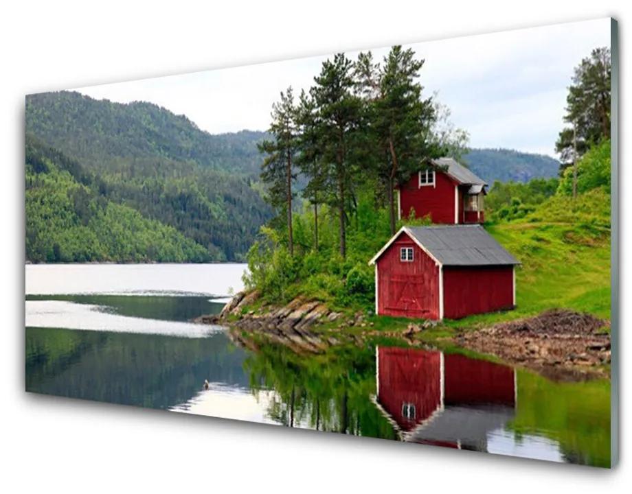 akrylový obraz Hory Dům Jezero Krajina 100x50 cm