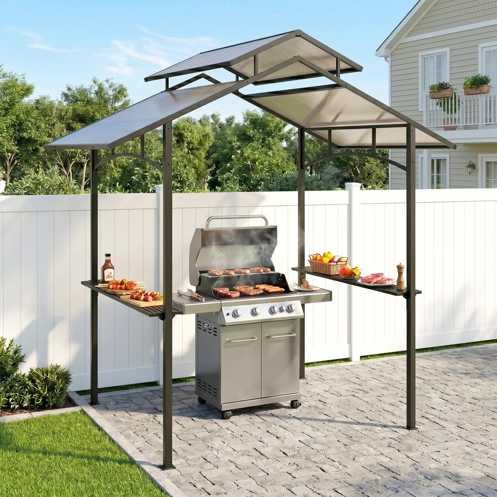 Outsunny Altánek na gril s ohnivzdornou střechou, BBQ altánek se 2 policemi, 2,5 x 1,5 m, ocelový, PC, Černá + Hnědá