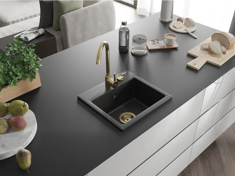 Mexen Milo, granitový dřez 435x410x171 mm, 1-komorový, černá-stříbrná metalíza se zlatým sifonem, 6505441000-73-G