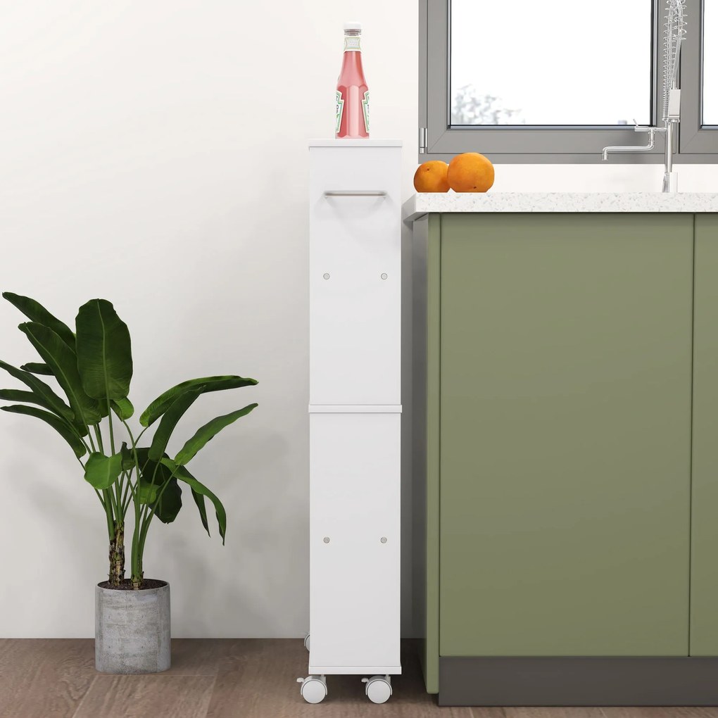 HOMCOM Vozík, úzký servírovací vozík se 4 policemi, úchyty, úložný vozík do kuchyně, obývacího pokoje, bílý, 45 x 15 x 91 cm | Aosom