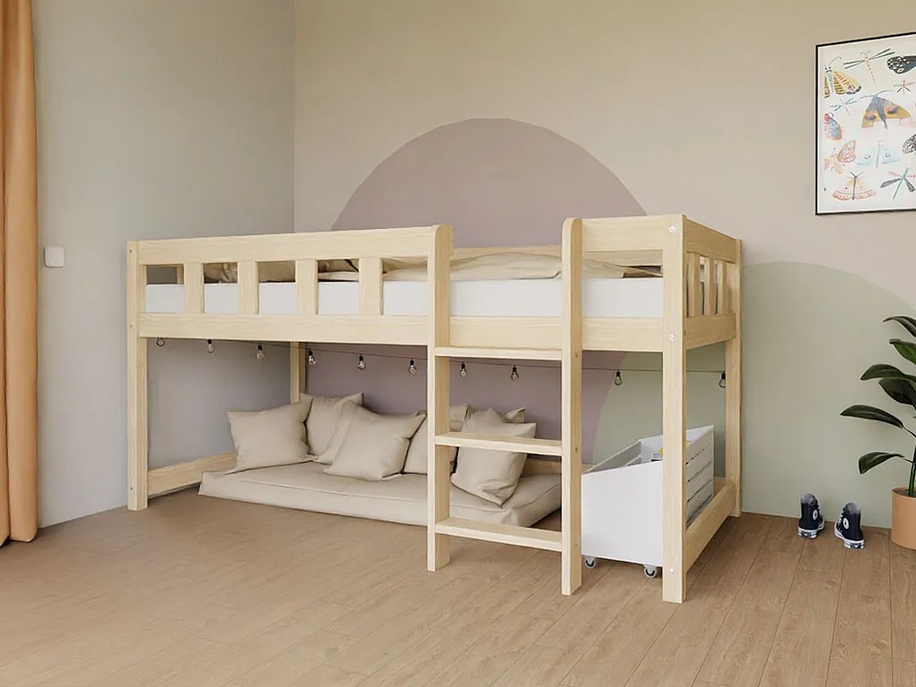Benlemi Nízká vyvýšená postel PLOTTY s žebříkem 90x200 cm Zvolte barvu: Béžová, Zvolte stranu: Vpravo, Zvolte variantu: Bez závěsu