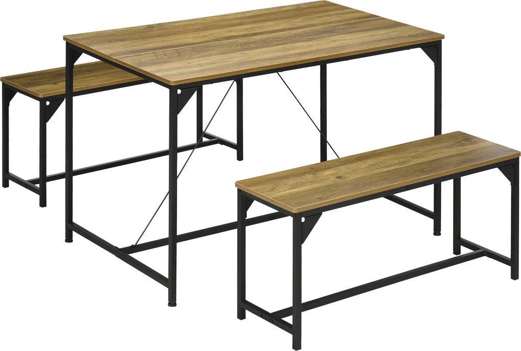 HOMCOM jídelní stůl se 2 lavicemi, ocelový rám, stůl pro 4 osoby 120 x 70 x 75 cm, lavice 100 x 30 x 45 cm pro kuchyň, jídelnu, obývací pokoj v přírod