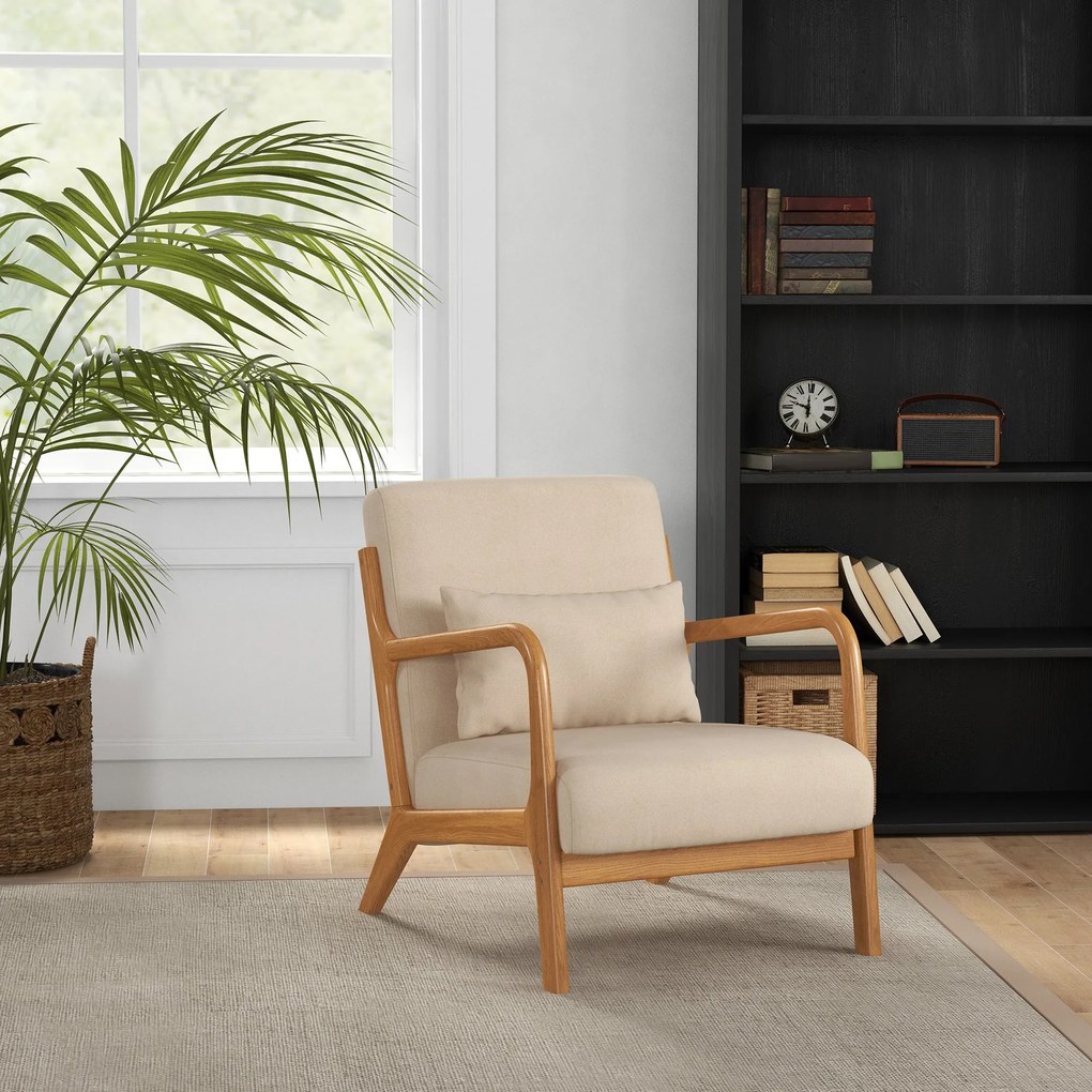 HOMCOM Lounge Křeslo Nordic Styl s Područky a Polštem, Rám z Gumového Dřeva pro Obývací Pokoj, Nosnost 120 kg, 61x78x76 cm, Béžové
