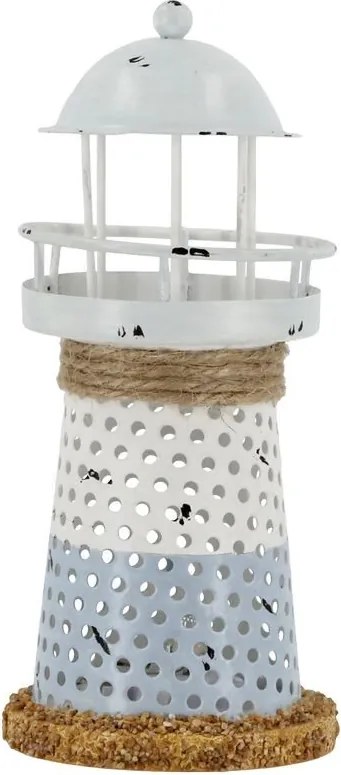 Bílo-modrá kovová dekorace maják s Led Lighthouse - Ø 6,5*15 cm