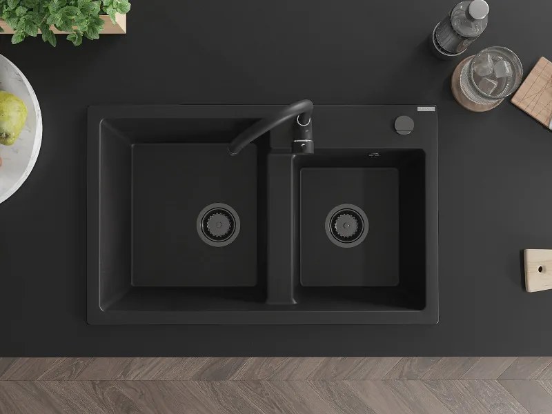 Mexen Tomas, granitový dřez 800x500x190 mm, 2-komorový, černá s černým sifonem, 6516802000-77-B