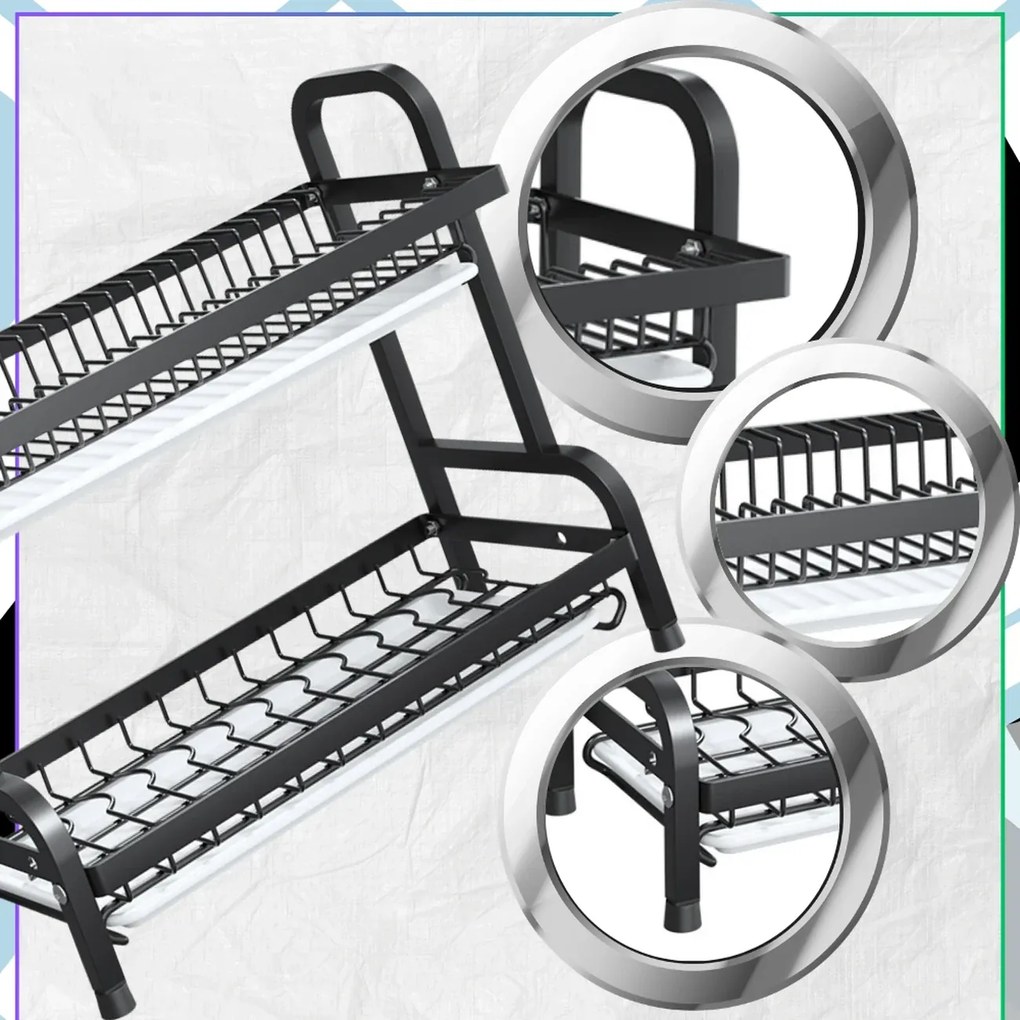Camerazar Dvoupatrový kuchyňský organizér s odkapávačem, černý 42 cm