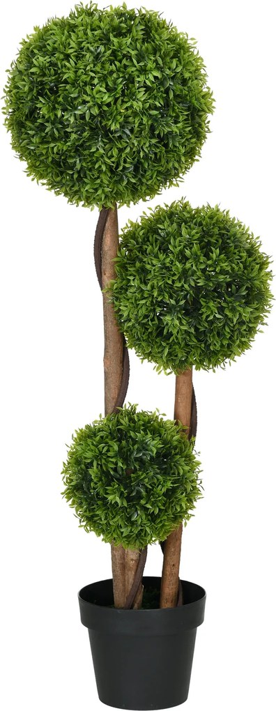 Umělý strom HOMCOM, Umělá rostlina, Zelený buxus se 3 koulí z bambusových listů, Včetně květináče, Pro vnitřní i venkovní použití, Výška 110 cm, Bez m