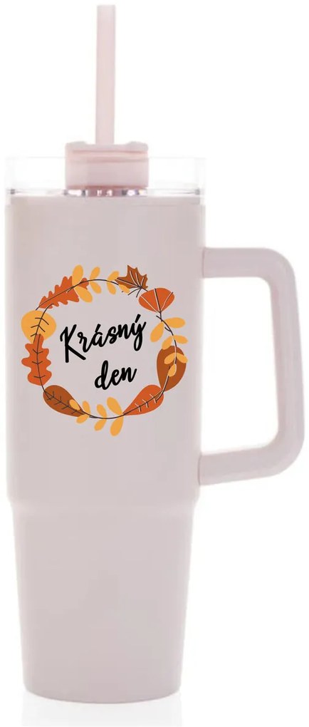 KRÁSNÝ DEN (PODZIM) - růžový cestovní termohrnek s průhledným víčkem 900 ml