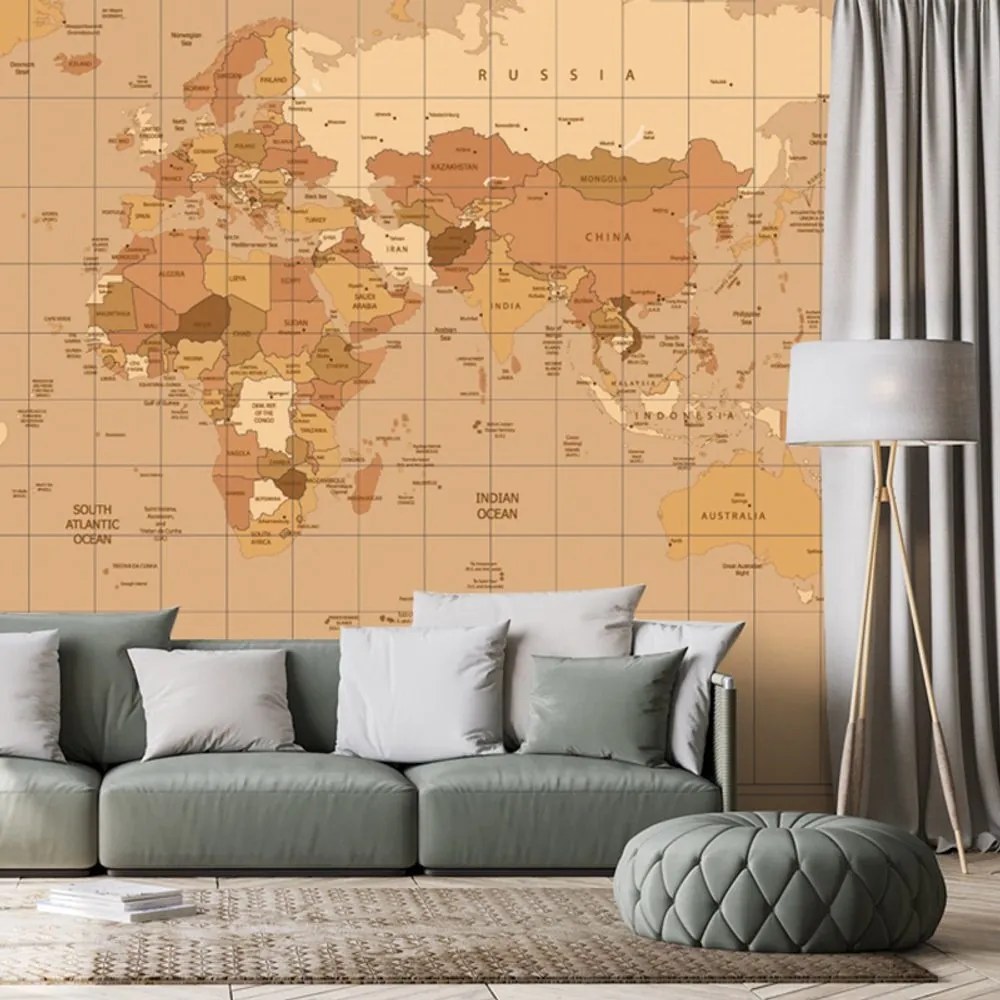 Tapeta mapa světa v béžovém odstínu - 225x150 cm