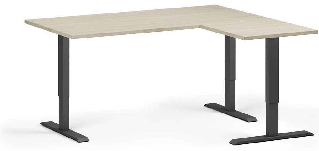 Rohový výškově nastavitelný stůl, 160x140 cm, 3 motory, L/P, černá podnož, dub přírodní