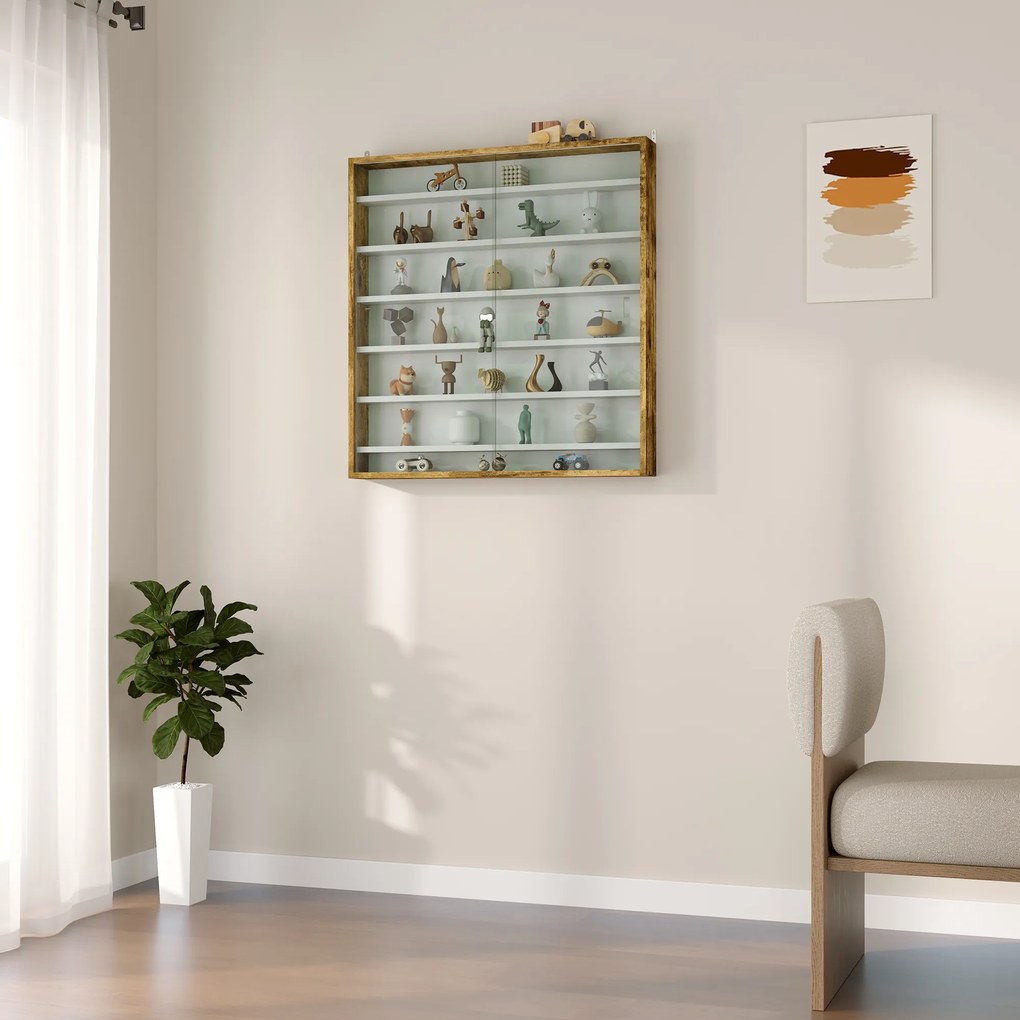 HOMCOM nástěnná vitrína na sběratelské předměty, 80 x 9,5 x 83 cm, 6 nastavitelných polic a 2 posuvné skleněné dveře, rustikální hnědá