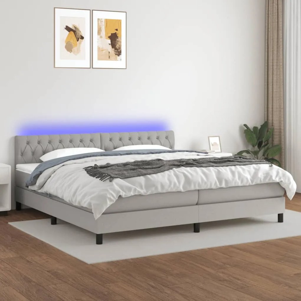 Box spring postel s matrací a LED světle šedá 200x200 cm textil