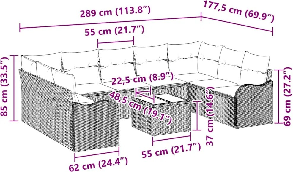 Sada zahradních pohovek 10 ks Světle šedá polyratan 3354541
