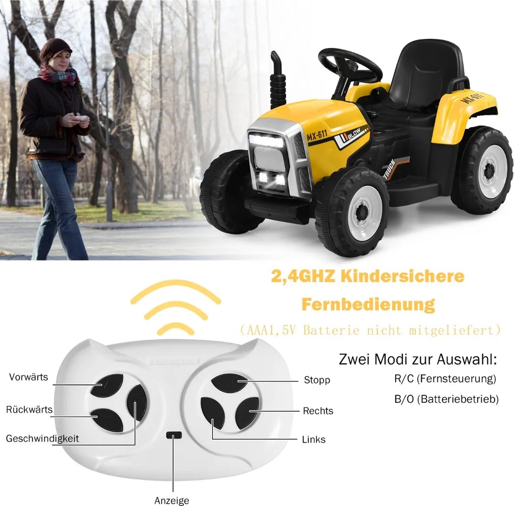 Costway Dětský traktor 12 V s přívěsem na baterie elektrické autíčko žluté, žluť