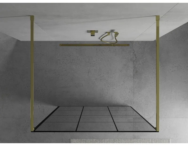 Mexen Kioto, průchozí sprchová zástěna 100 x 200 cm, 8mm sklo čiré/černý vzor, 2x zlatá stabilizační rozpěra, 800-100-002-50-77