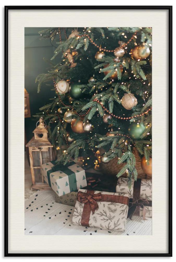 Plakát Vánoční čas - zabalené dárky naaranžované pod ozdobeným stromečkem
