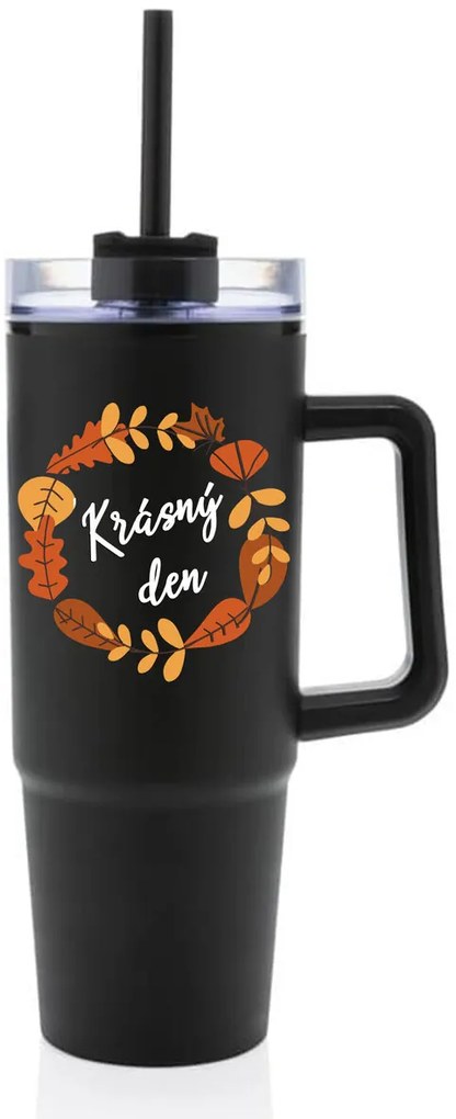 KRÁSNÝ DEN (PODZIM) - černý cestovní termohrnek s průhledným víčkem 900 ml