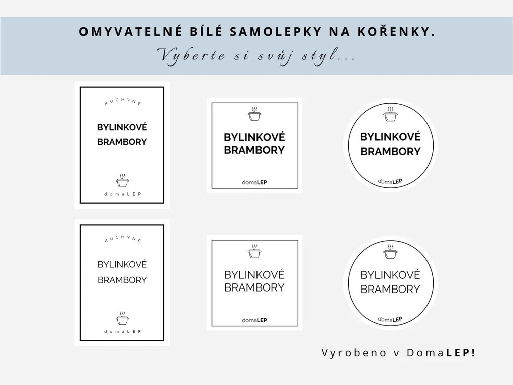 BYLINKOVÉ BRAMBORY - omyvatelná samolepka na kořenky, výběr rozměrů Ø 5 cm / 5 x 5 cm / 6 x 8 cm | DomaLEP tvar: ČTVEREC, barva: BÍLÁ - ČERNÉ písmo, velikost: š. 5 cm x v. 5 cm - základní písmo
