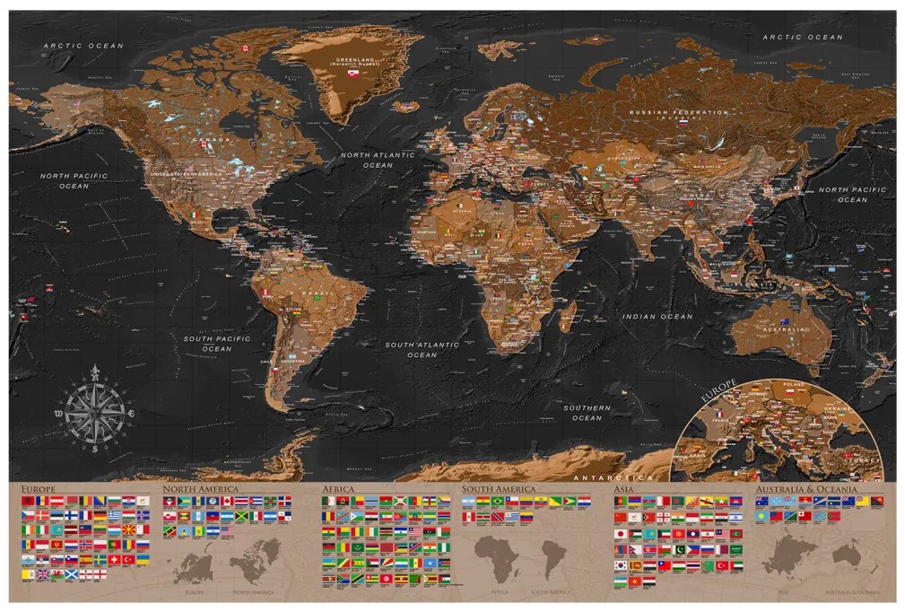 Korková  nástěnná dekorační tabule Svět: Hnědá mapa [Mapa z korku]