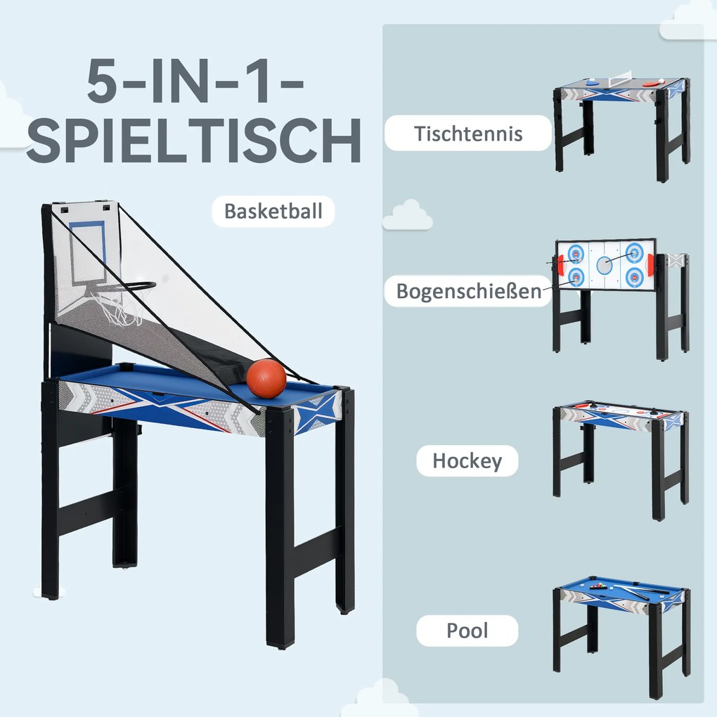 SPORTNOW 5-v-1 Multihra Kancelářský stůl s pingpongem, kulečníkem, hokejem, basketbalem a lukostřelbou pro dospělé 91 x 45,5 x 76 cm Černá+Modrá