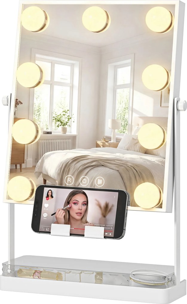 HOMCOM Hollywood make-up zrcátko s osvětlením, 9 LED lamp, 3 barvy, dotykový spínač, držák na mobil, bílé