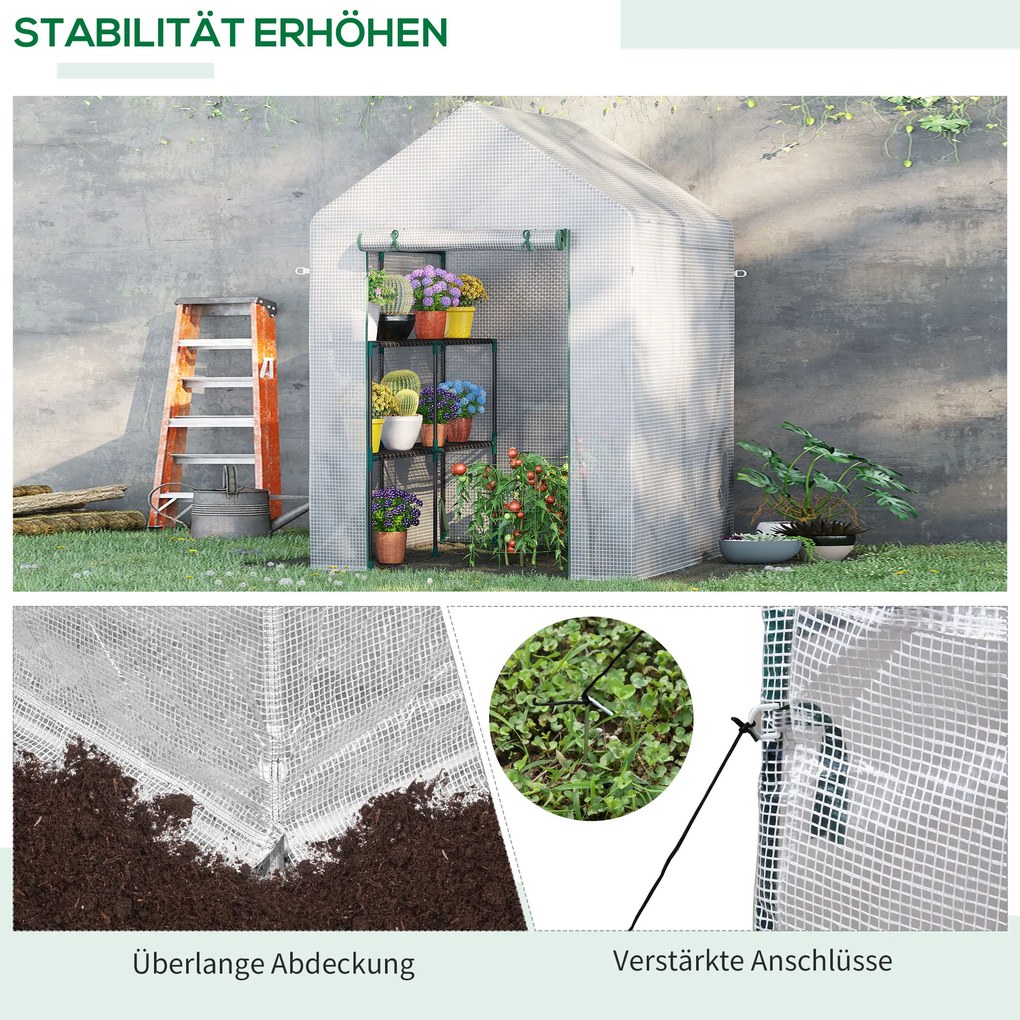 Outsunny Fóliový skleník Walk-in se 4 policemi Skleník na rajčata Skleník se studeným rámem Bílý PE 143x143x195cm pro zahradu a rostliny | Aosom.de