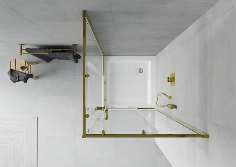 Mexen Rio, čtvercový sprchový kout s posuvnými dveřmi 80 (dveře) x 80 (dveře) x 190 cm, 5mm čiré sklo, zlatý profil + bílá sprchová vanička RIO, 860-080-080-50-00-4510