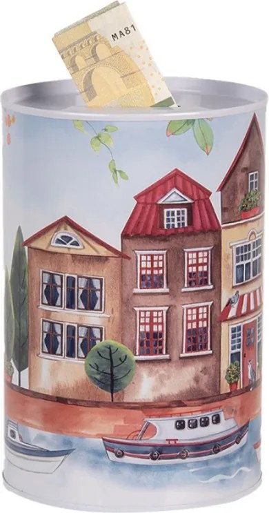 Červená plechová kasička s motivem domečků a loděk na pobřeží – 10x15 cm